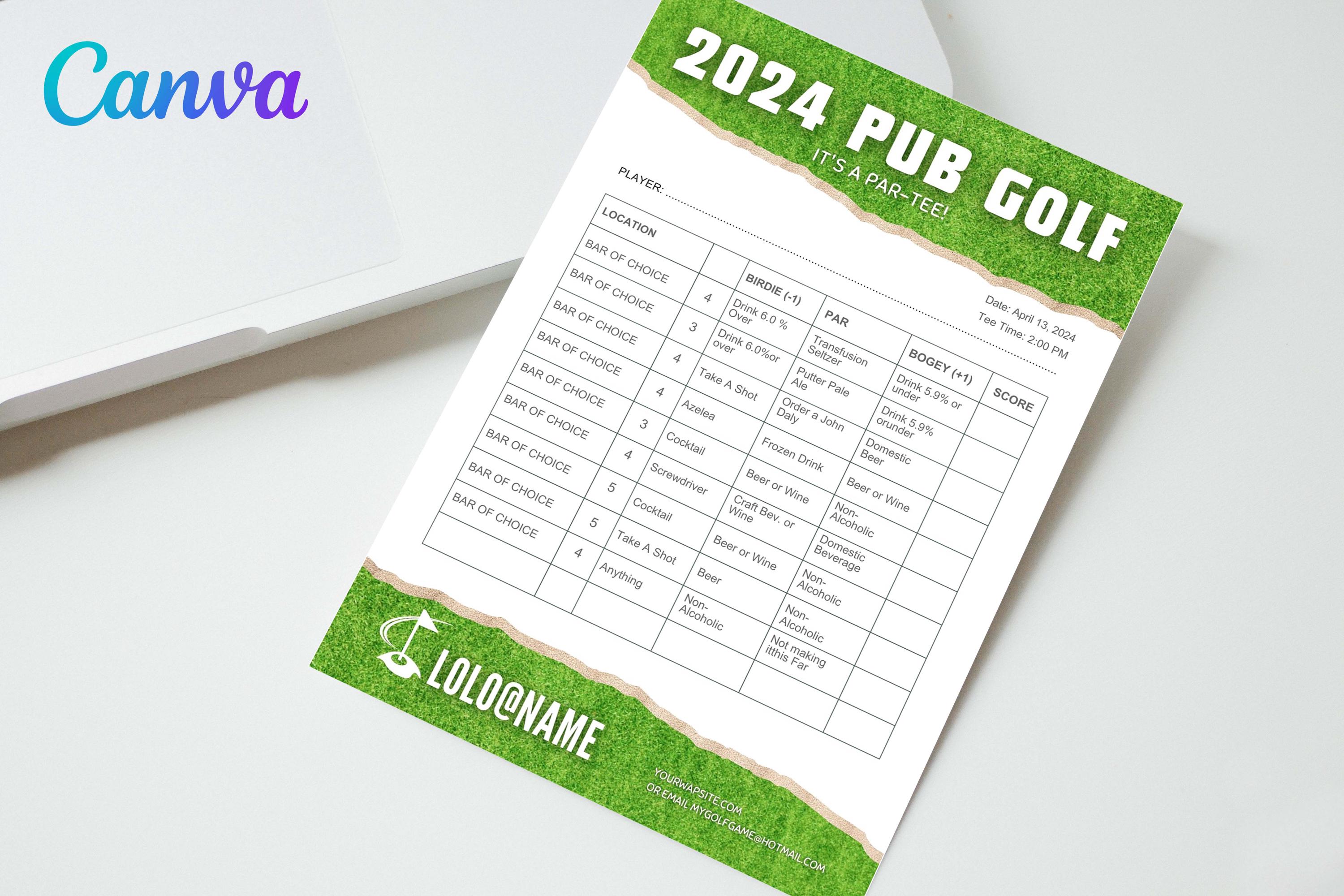 Modern Pub Golf Bar Golf Scorecard Template, Pub Golf Crawl Scorecard ...