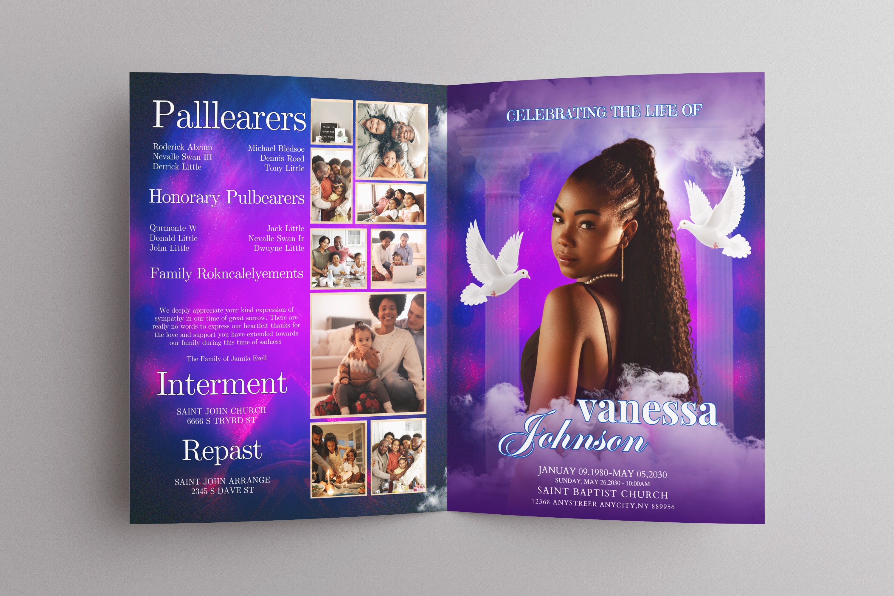 8 PAGE Purple Obituary Canva Template | Purple Style Funeral Program ...