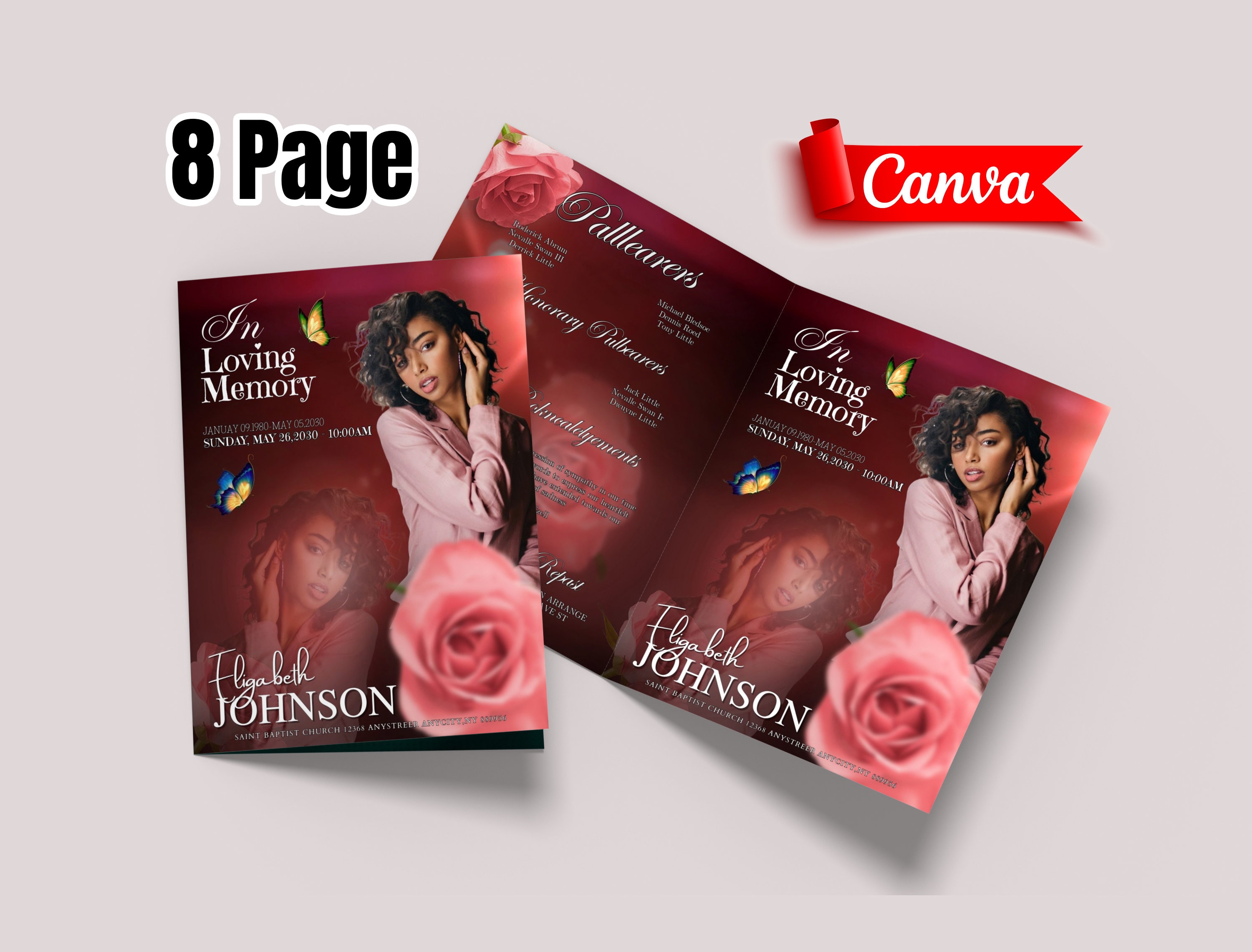 Funeral Memorial Booklet Template Canva (8 Pages) | Pink Funeral ...