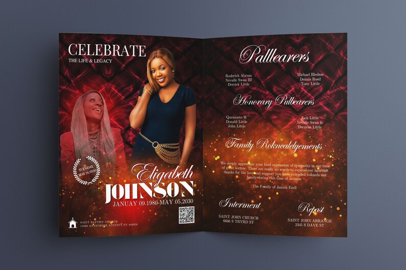 8 Page Modern Red Magazine Funeral Program Template , Editable Bi-fold ...
