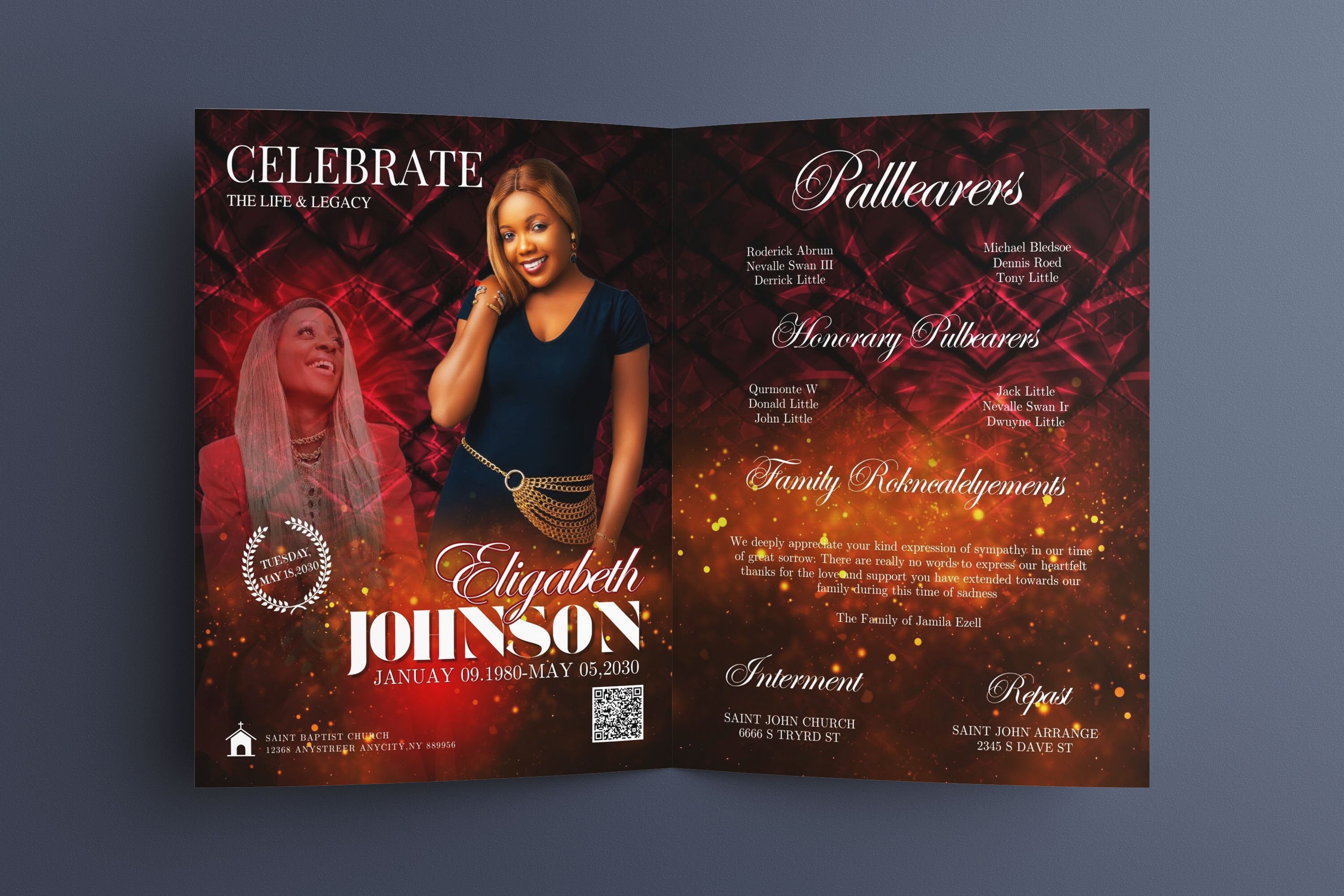 8 Page Modern Red Magazine Funeral Program Template , Editable Bi-fold ...