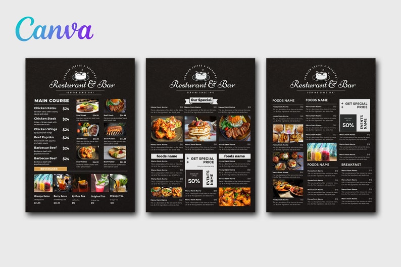 Restaurant Menu Pack, Canva Food Menu Bundles, Bifold Restaurant Food ...