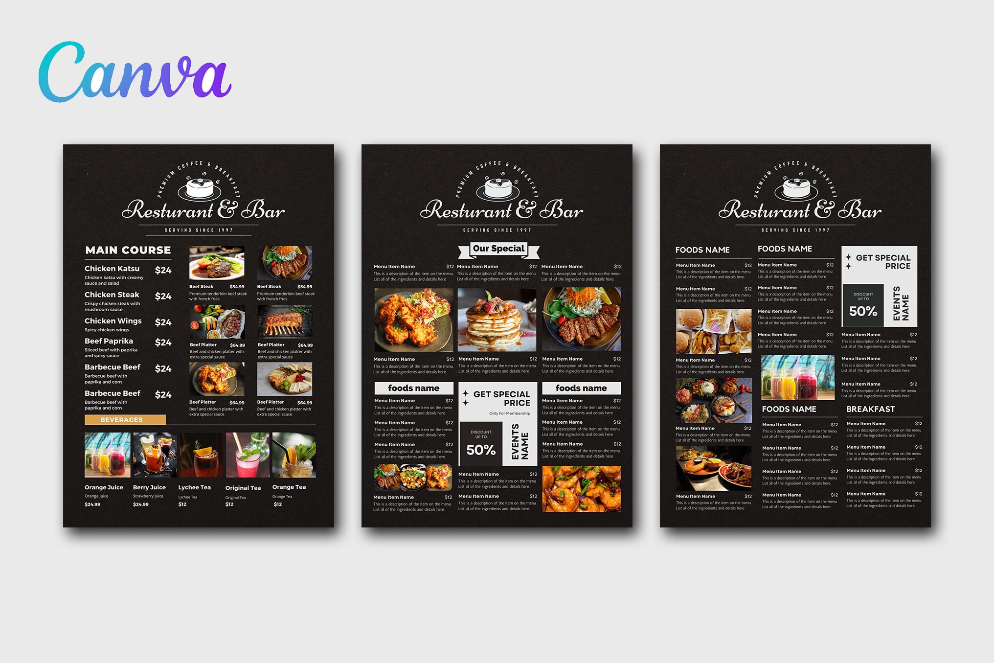 Restaurant Menu Pack, Canva Food Menu Bundles, Bifold Restaurant Food ...