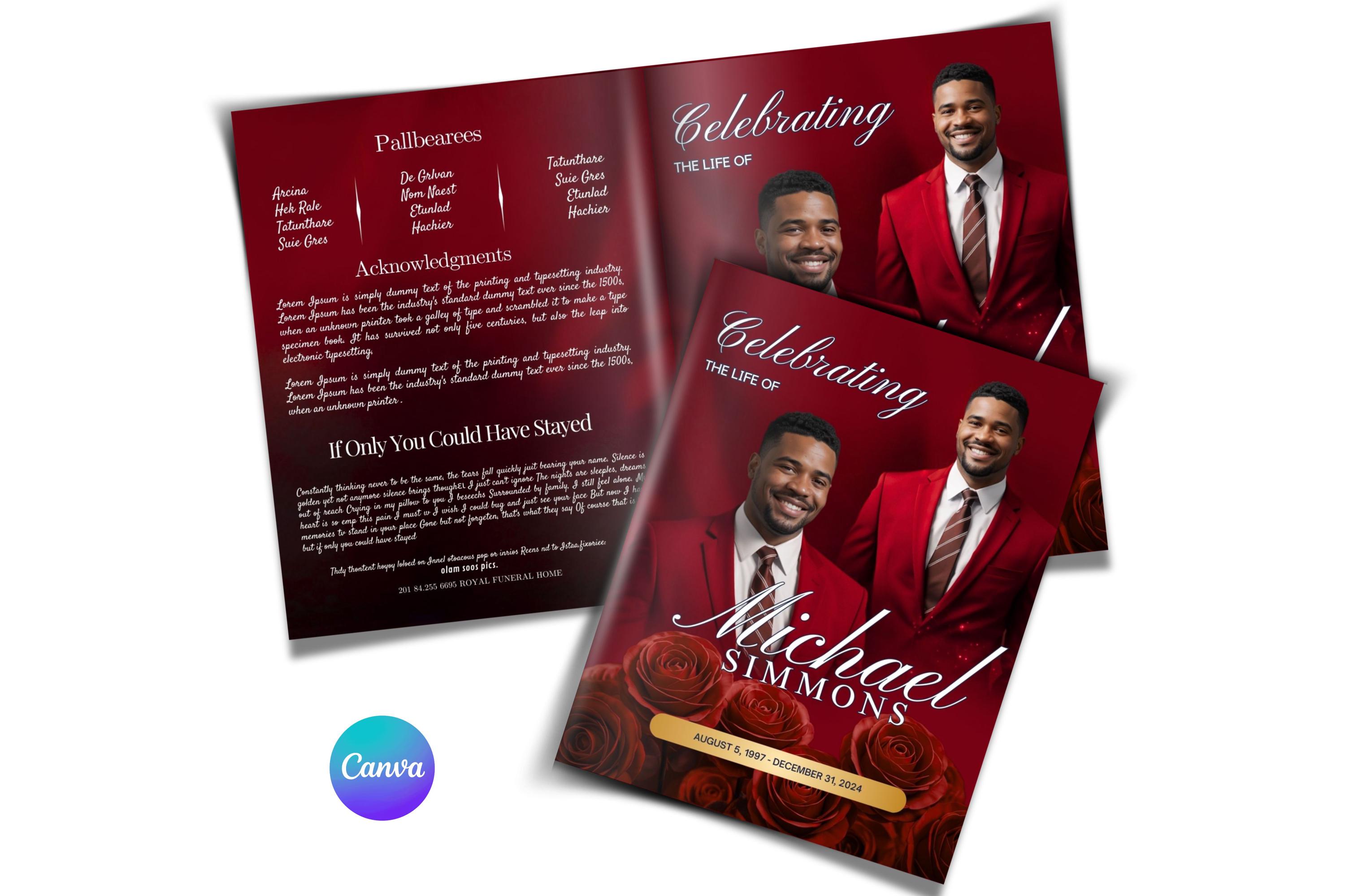 Modern Red Funeral Program Template | Editable & Printable 8 Pages | 8 ...