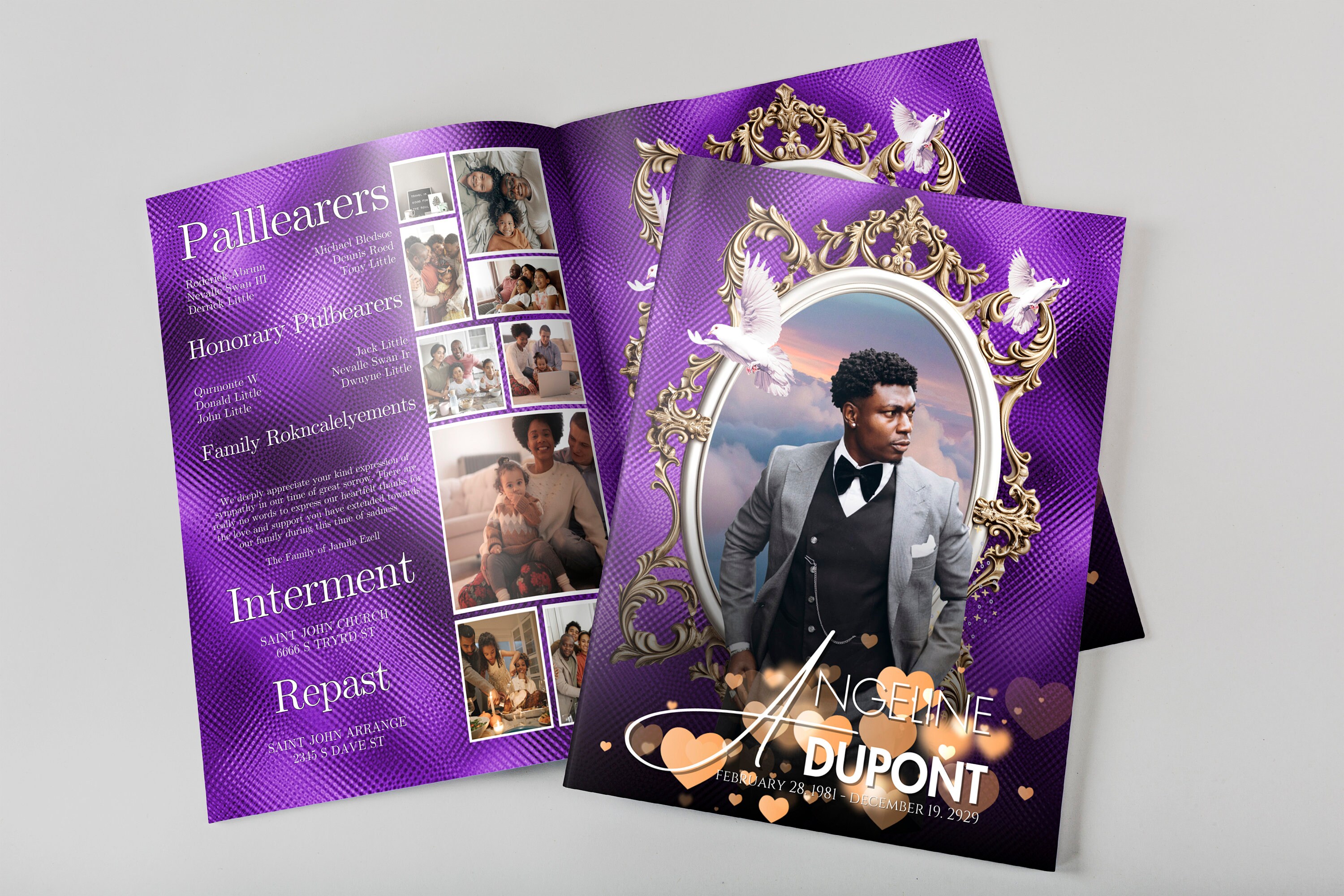 Magazine Style Purple Obituary Template (8 Pages) Purple Style Funeral ...