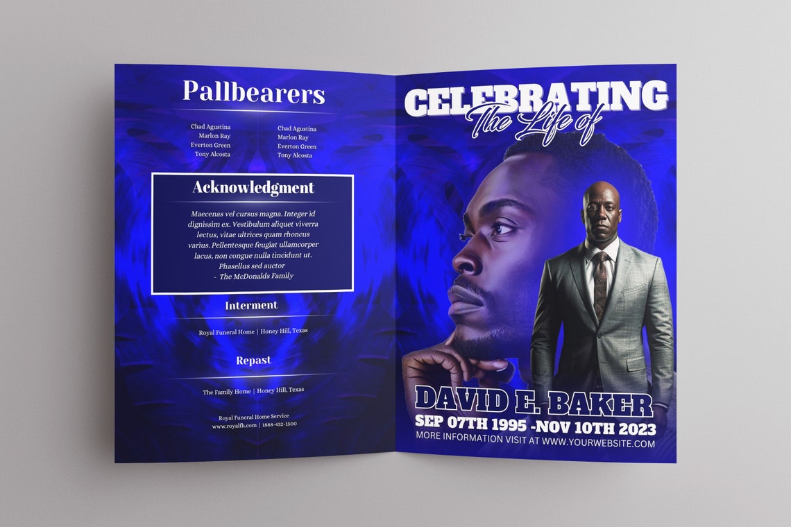 8 Page Royal Blue Funeral Program Canva Template, Tabloid Template ...