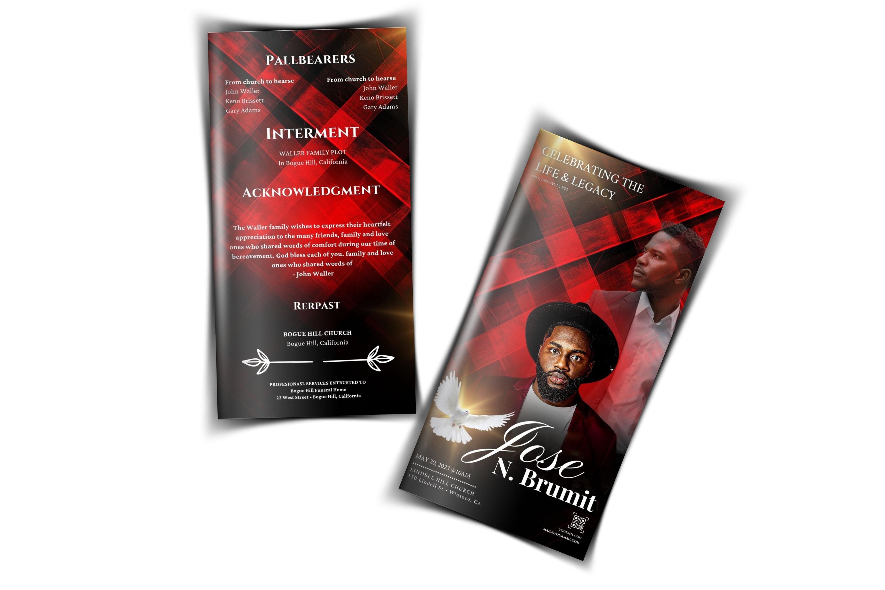 Red Luxury Trifold Funeral Program Template for Canva, in Loving Memory ...