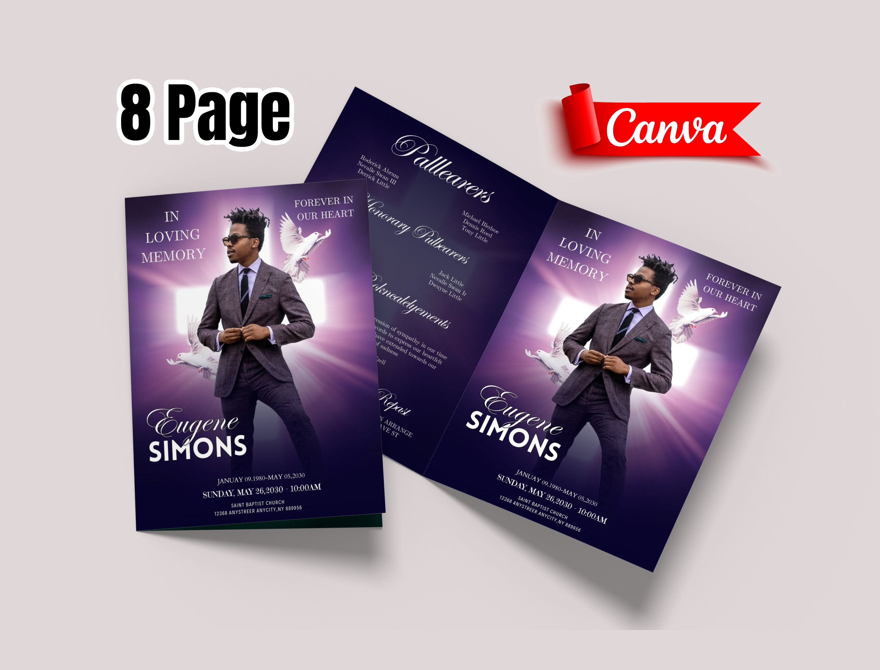 8 Page Funeral BOOKLET Memorial Program Purple Funeral Program ...