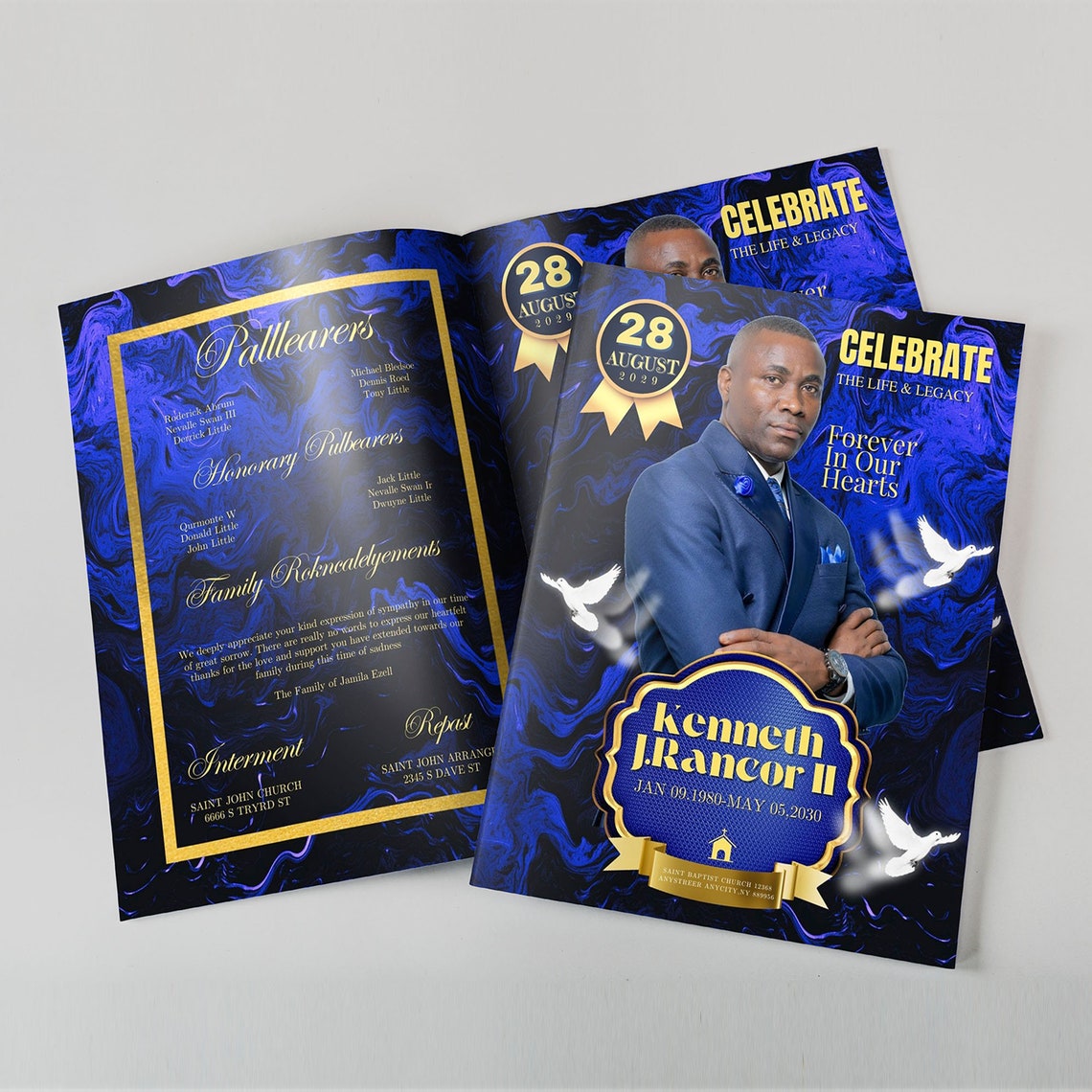 8 Page Luxury Blue Funeral Program Template , Editable Bi-fold Black ...
