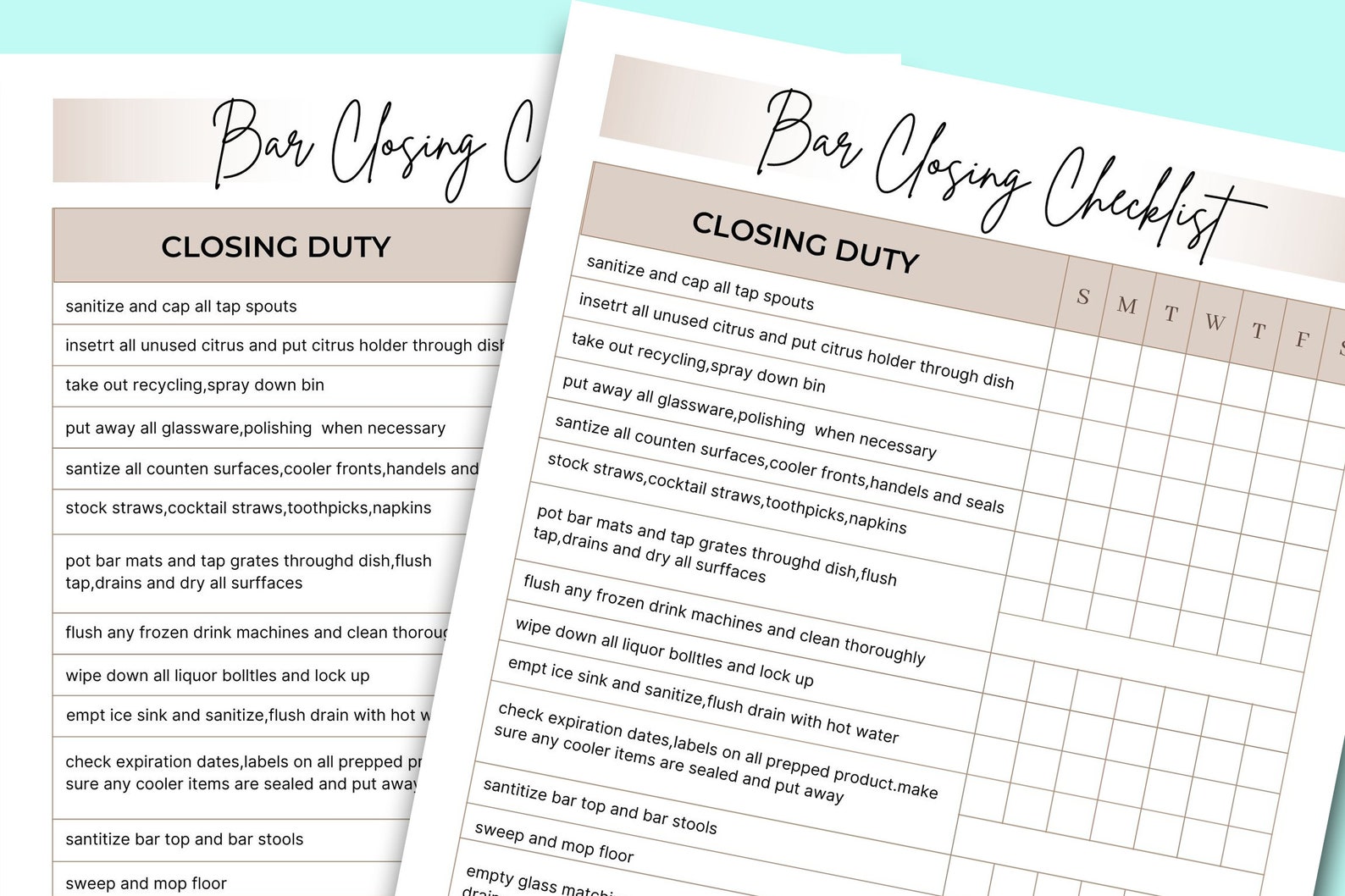 Restaurant Bar Cleaning List, Editable Bar Closing Checklist, Bar ...