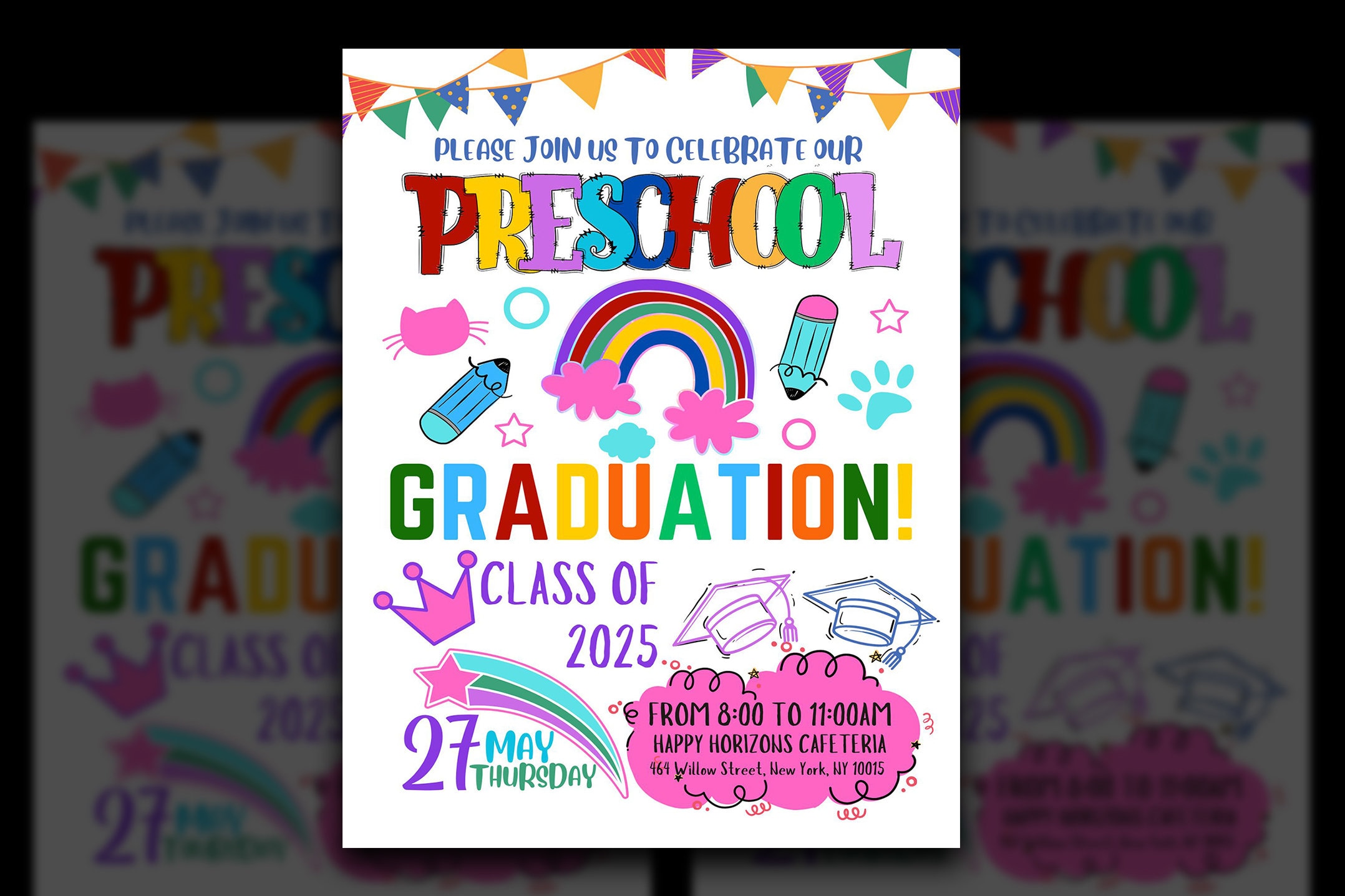 Preschool Graduation Invitation Colourful Graduation Invitation Digital ...