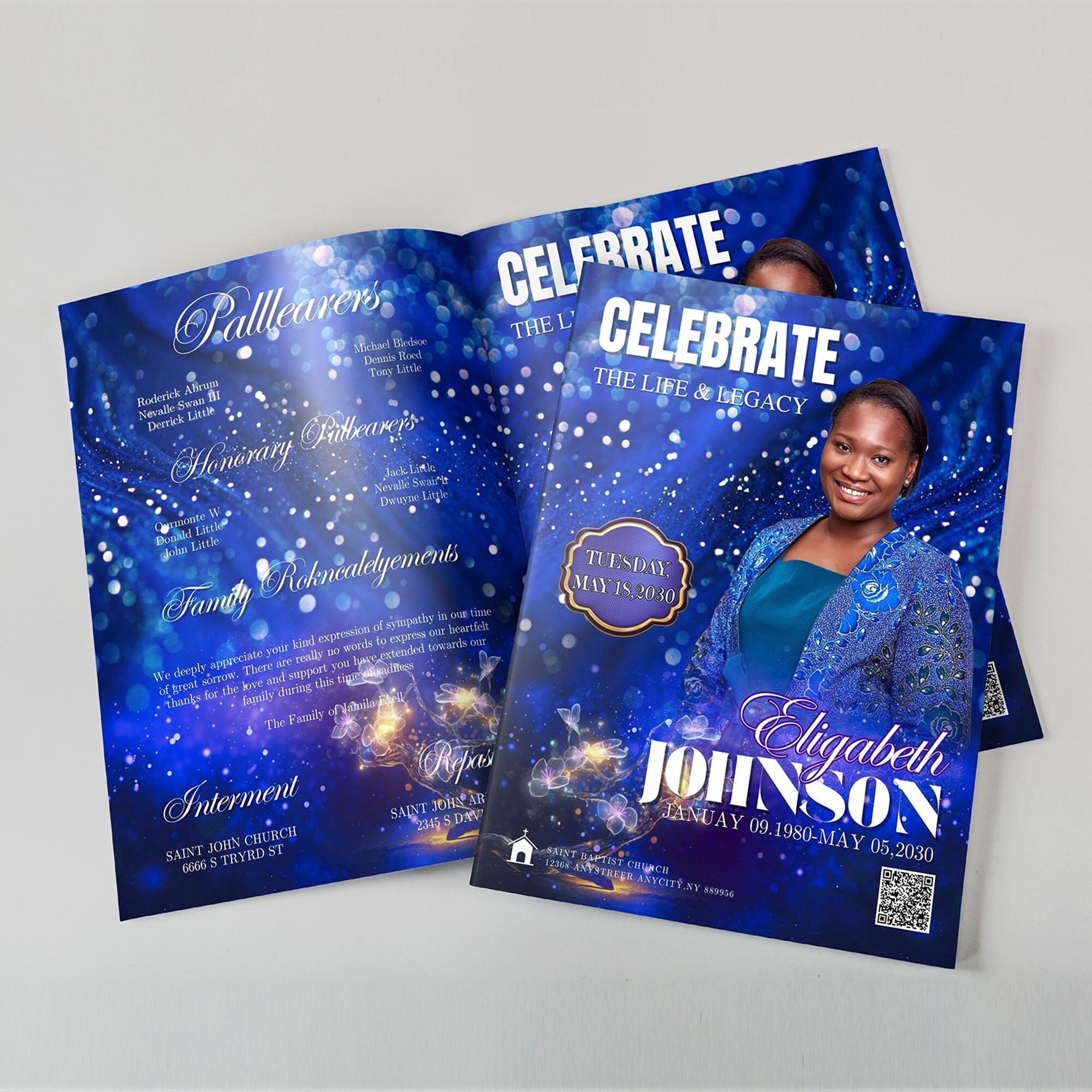 8 Page Modern Blue Luxury Funeral Program Template , Editable Bi-fold ...