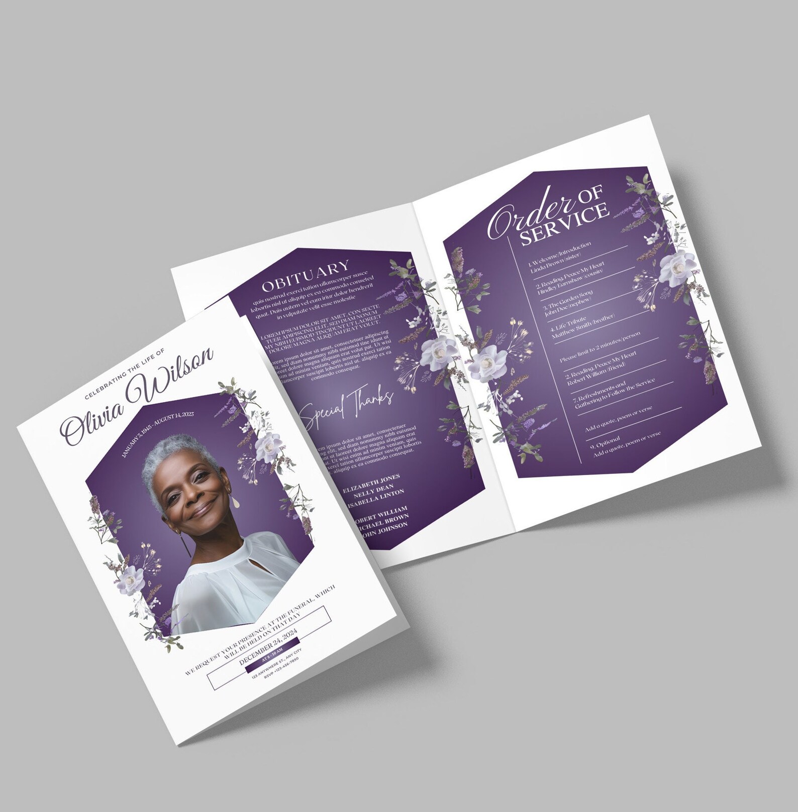 White Funeral Program Template, Floral Memorial Program, Editable ...