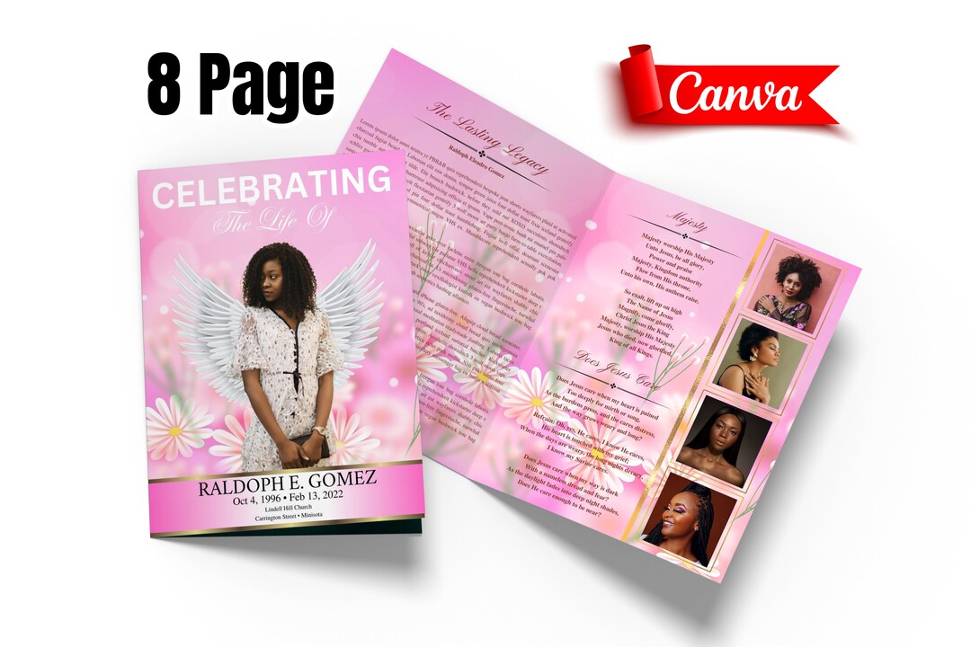 Pink Funeral Program Template 8 Page, Canva Funeral Template Printable, Editable Bi-fold ...