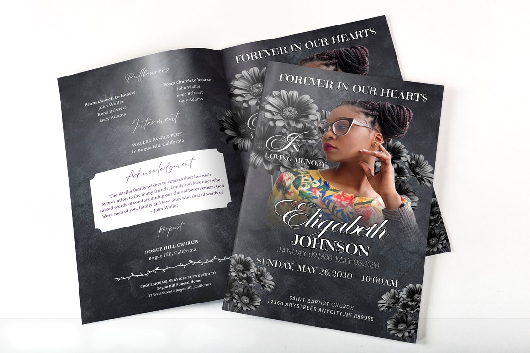 8 Page Black Funeral Program Template , Editable Bi-fold Black & Gold ...