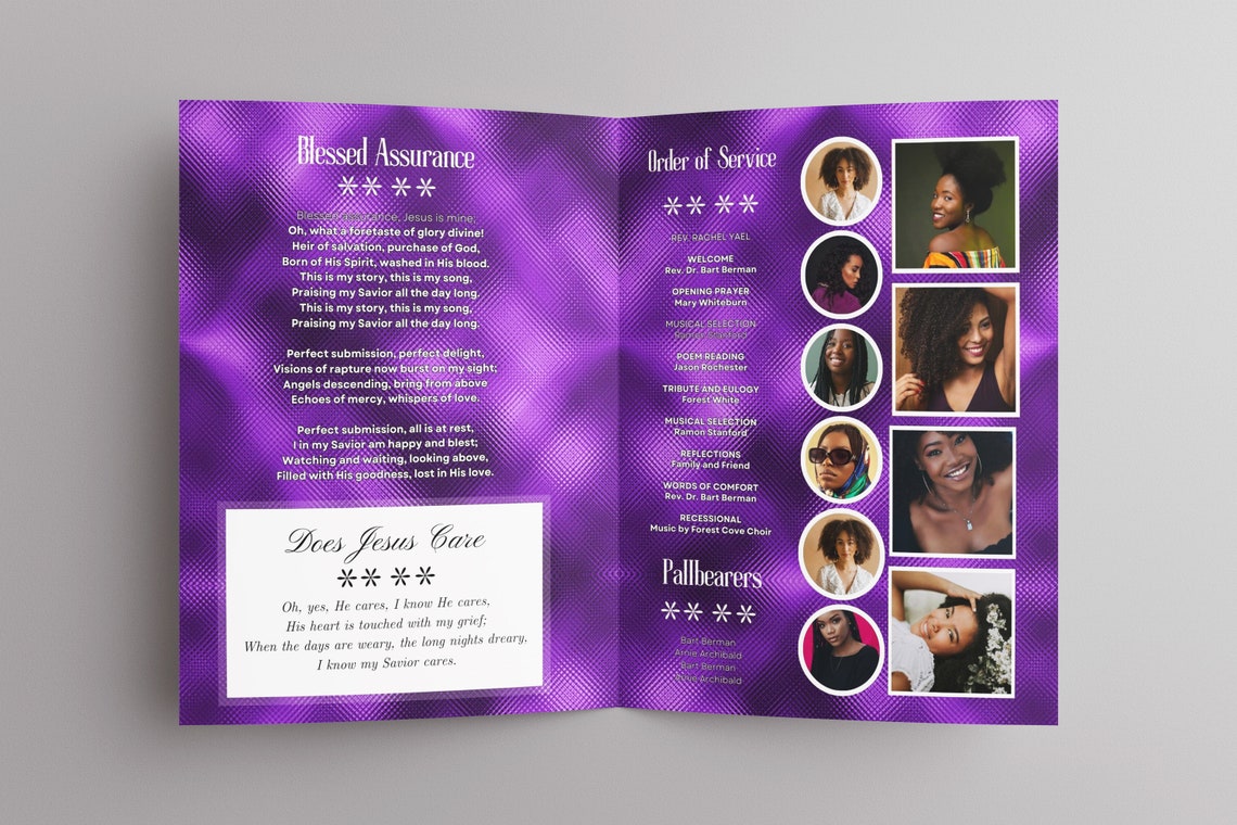 Purple Obituary Template (8 Pages) Purple Style Funeral Program | 8 ...