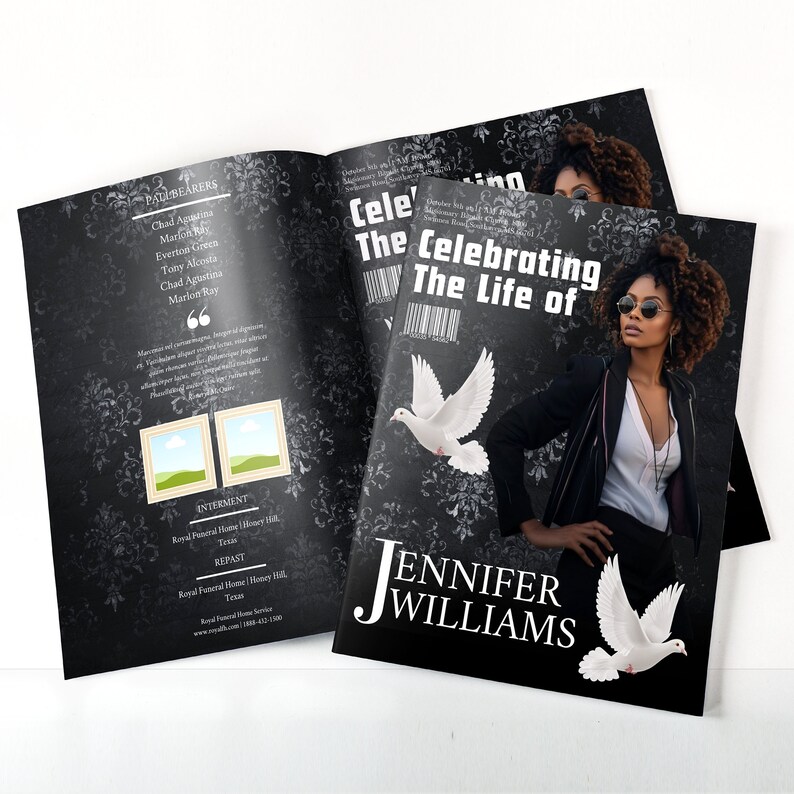 8 Page Black Funeral Program Template | Celebration of Life | Editable ...