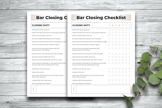 Bar and Restaurant Closing Checklist Restaurant Bar Cleaning - Etsy UK