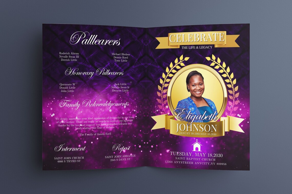 8 Page Modern Purple Funeral Program Template , Editable Bi-fold Black ...