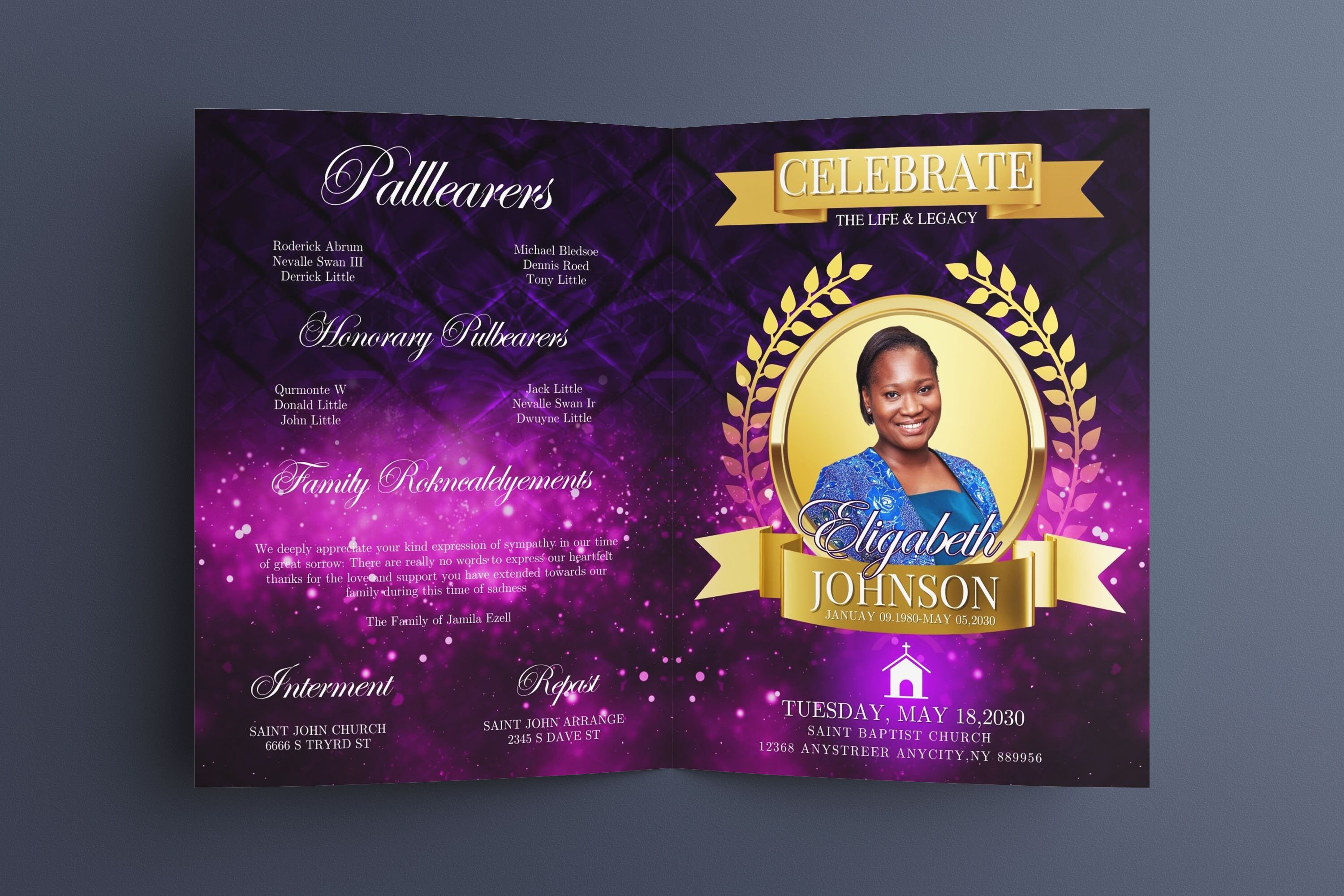 8 Page Modern Purple Funeral Program Template , Editable Bi-fold Black ...