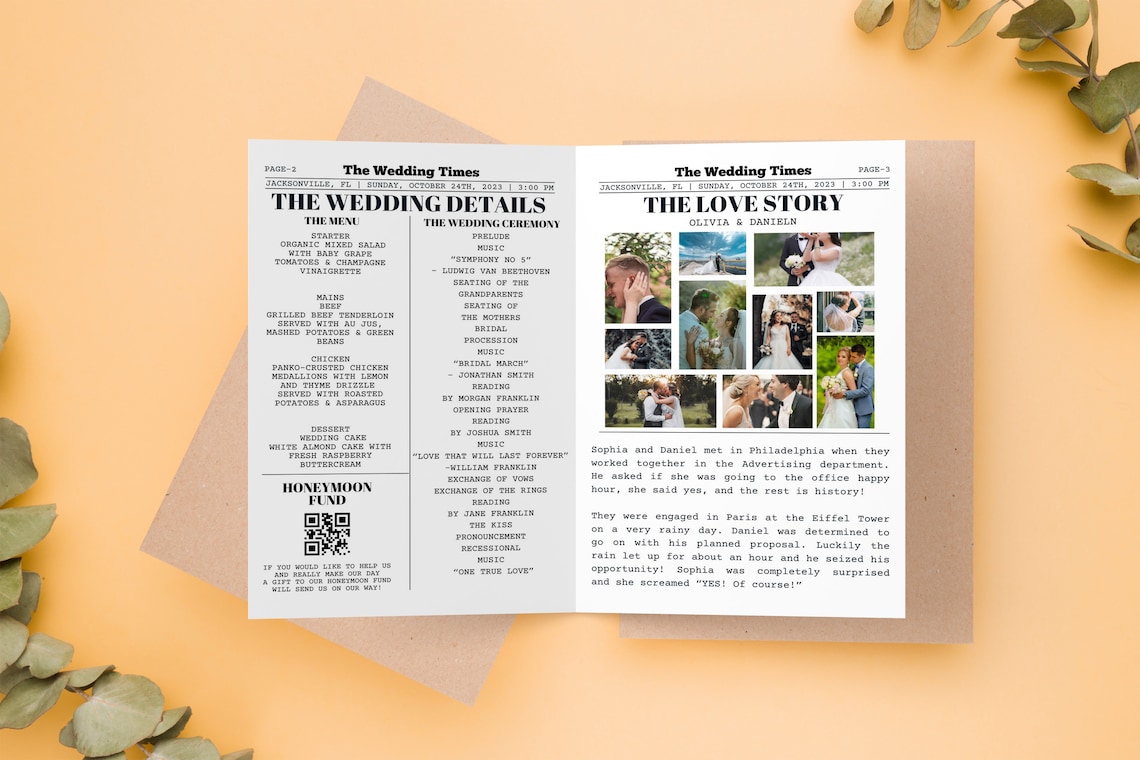 Editable Folded Newspaper Wedding Program Canva Template, 4 Page ...