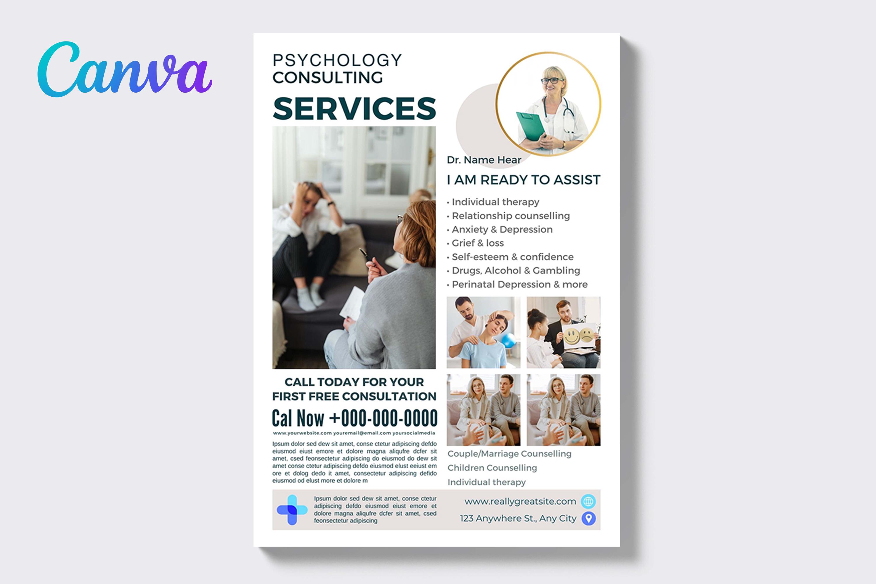 Modern Psychology Flyer Template, Editable Counseling Therapist ...