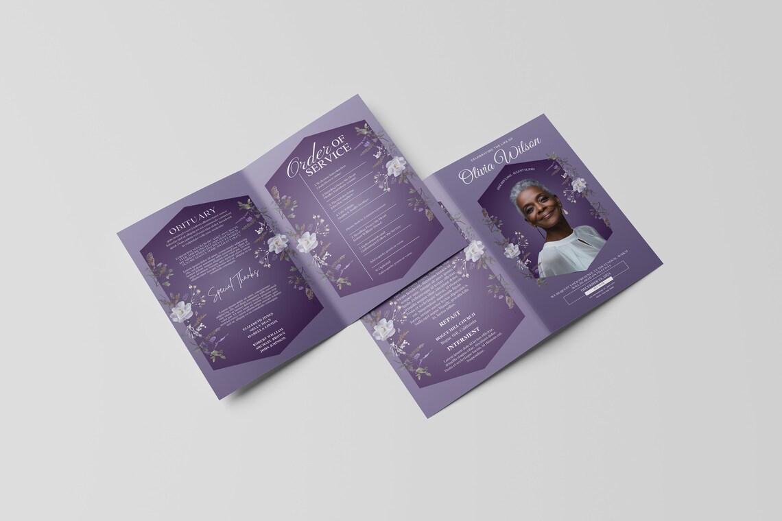 Purple Funeral Program Template 4-page, Floral Memorial Program ...