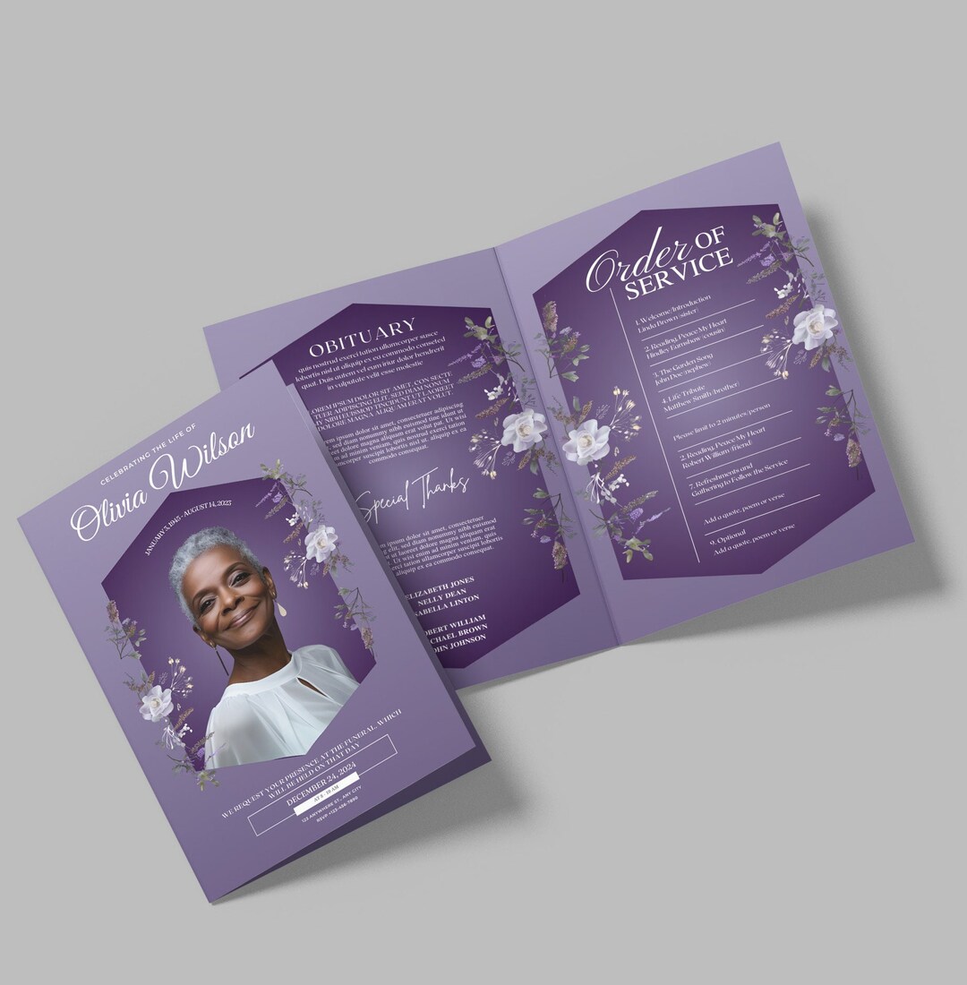 Purple Funeral Program Template 4-page, Floral Memorial Program ...