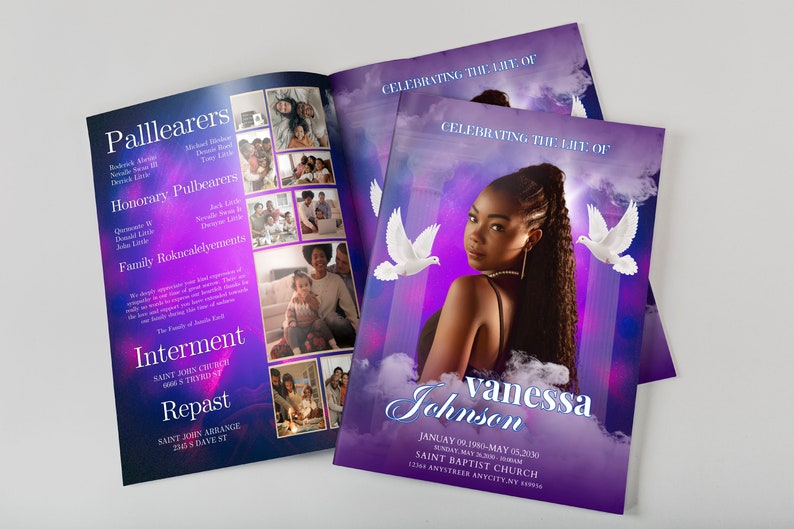 8 PAGE Purple Obituary Canva Template Purple Style Funeral Program ...