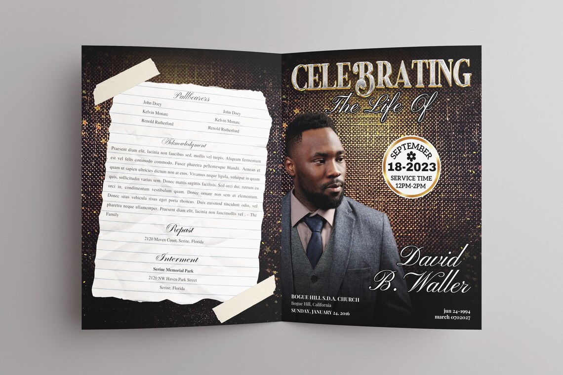 8 Page Gold Luxury Funeral Program Canva Template, Gold Memorial ...
