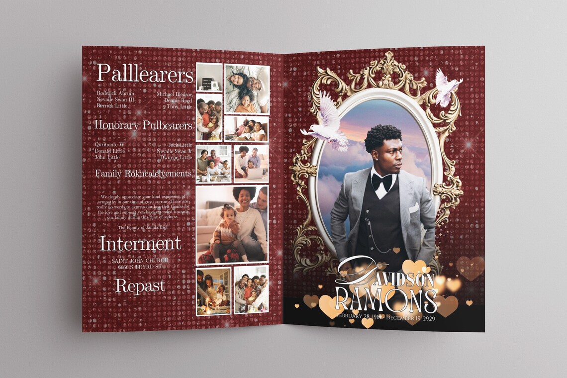 Red Glitter Funeral Program |celebration of Life |8.5"x11" BOOKLET ...