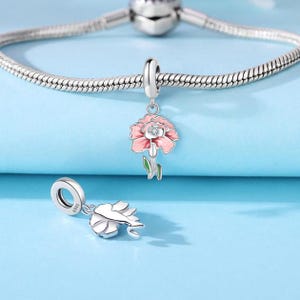 Pink Carnation Flower Charm Fit for Pandora Bracelet , 100% Genuine 925 ...