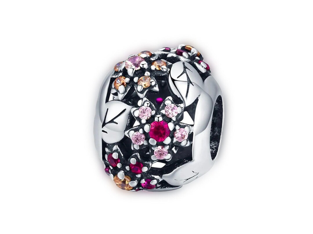 Pink Sakura Round Flower Leaves Bead Charm for Pandora Bracelet ...