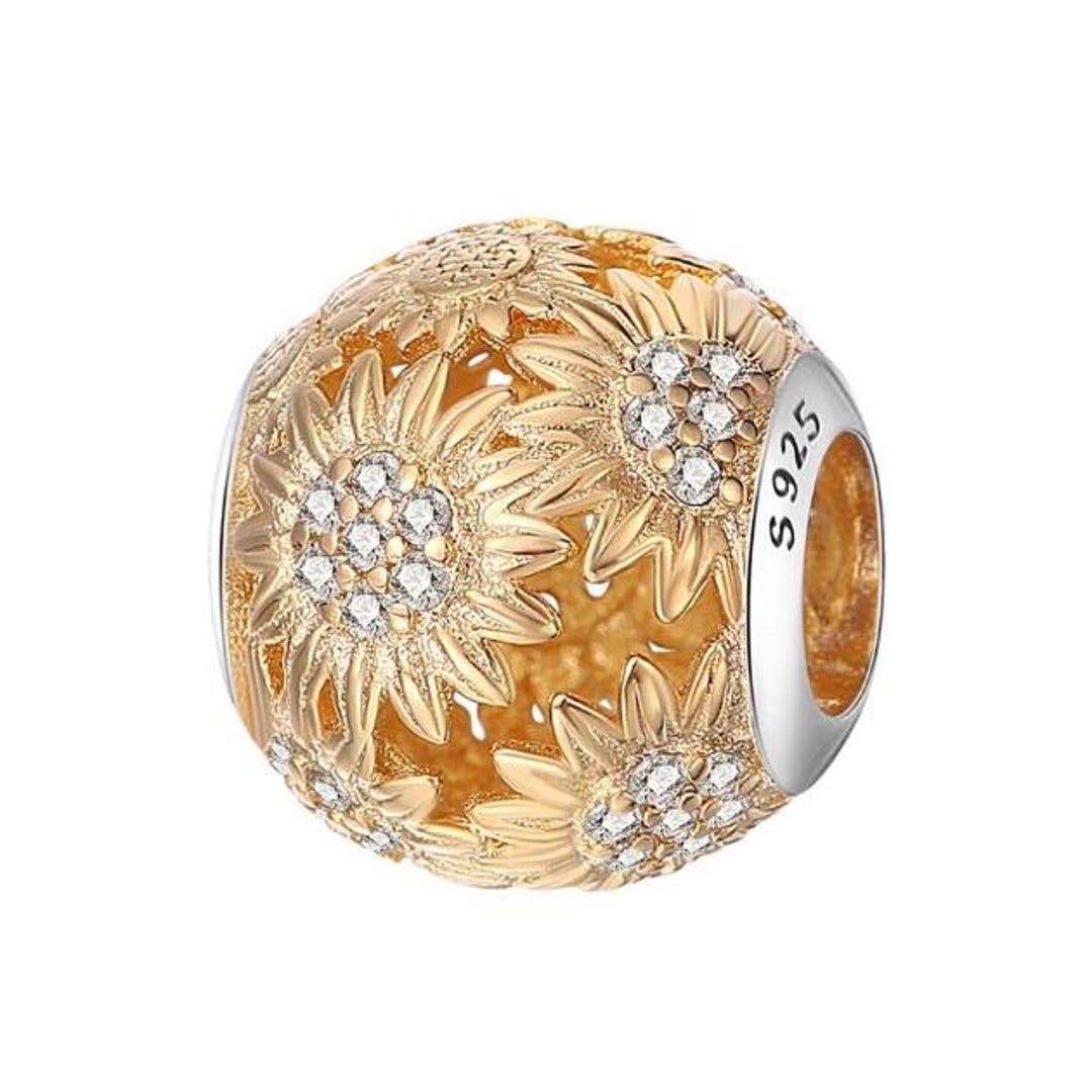 Gold Sunflower Charm for Pandora Bracelet , 100% Genuine 925 Sterling ...