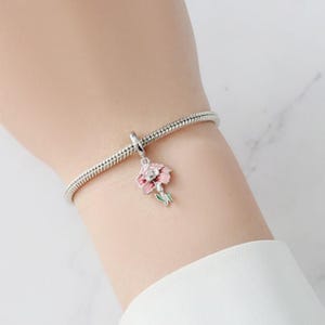 Pink Carnation Flower Charm Fit for Pandora Bracelet , 100% Genuine 925 ...