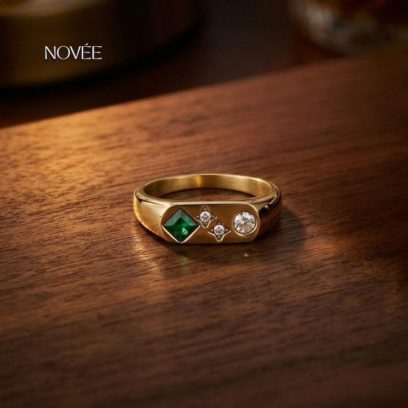Men's Emerald Green Diamond Signet Ring | Solid Gold Solitaire Band ...