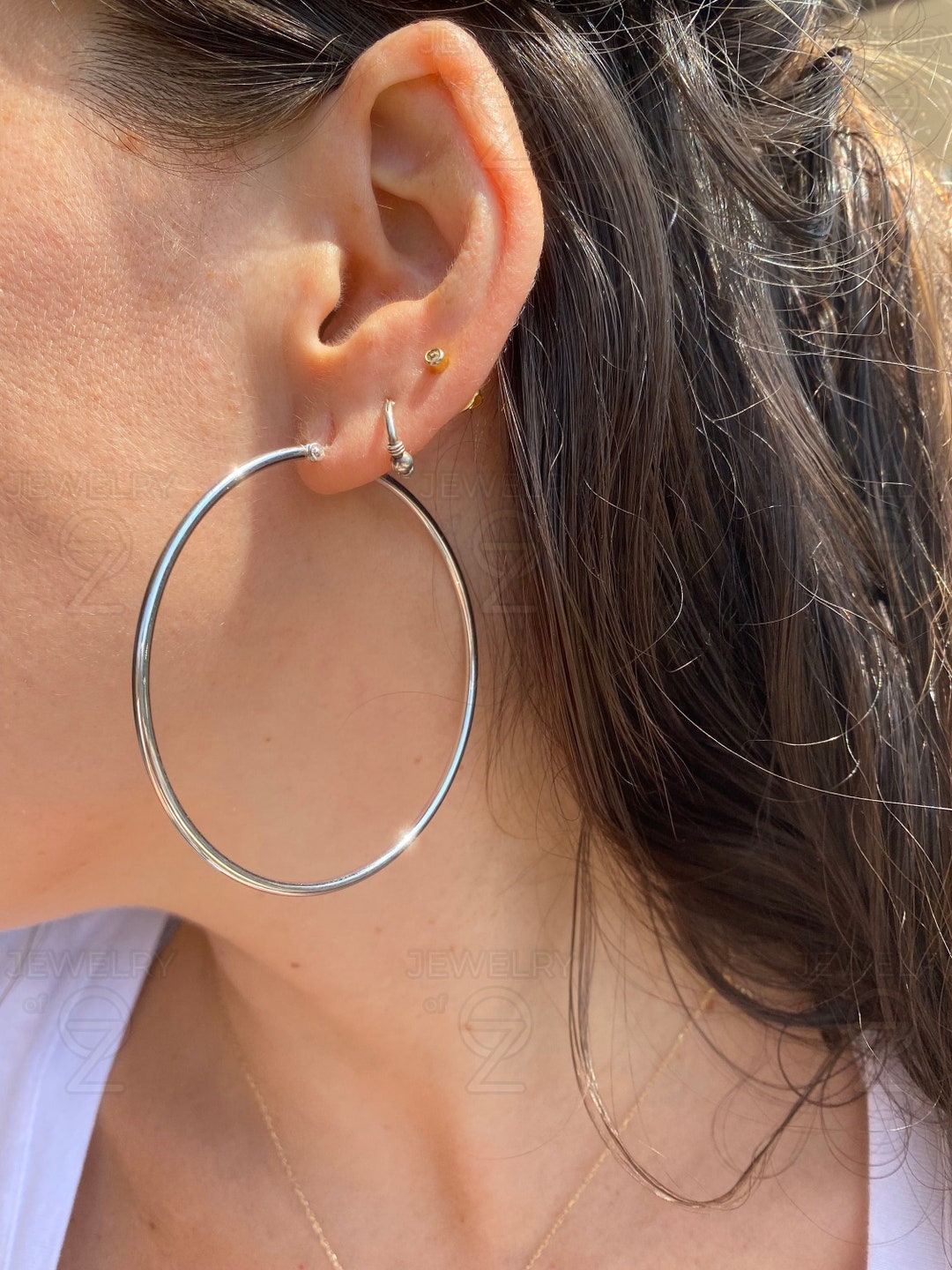 14k Solid White Gold Large Hoop Earrings, 60mm Hoops, Womens Hoops ...