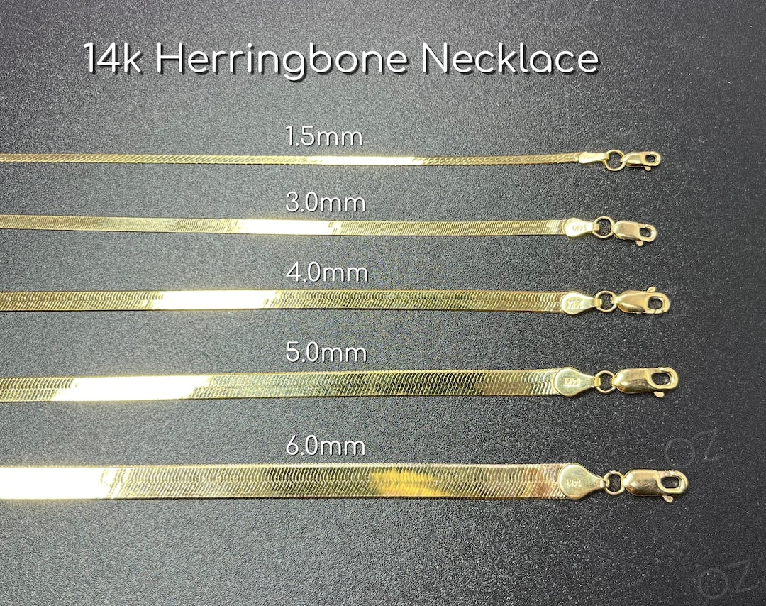 14k Solid Yellow Gold Herringbone Necklace 1.5mm, 3mm, 4mm, 5mm, 6mm ...