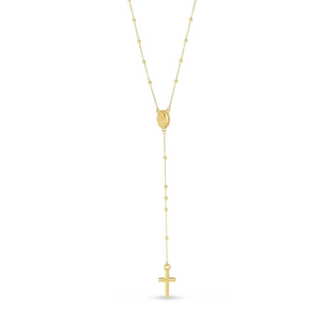 14k Solid Yellow Gold Rosary Necklace, Lariat Cross & Beads Necklace ...