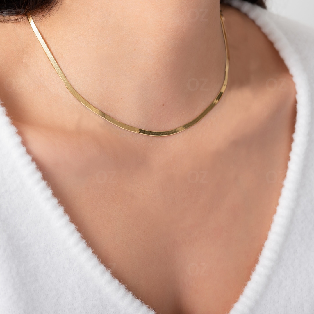 14K Solid Yellow Gold Herringbone Chain Necklace 3mm, Handmade Herringbone Necklace, Herringbone ...