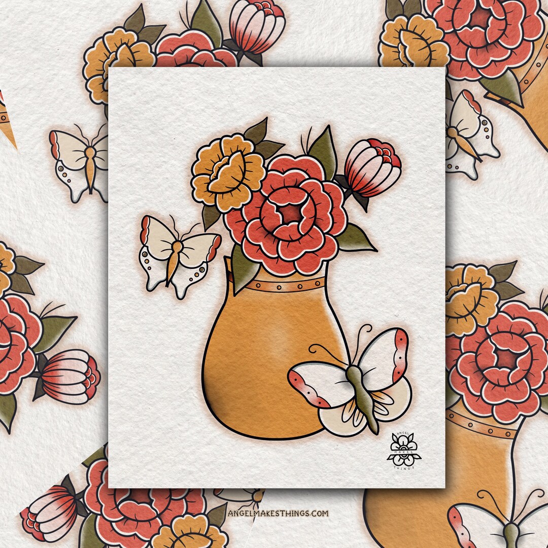 Traditional Vase + Butterfly Flash Print - Etsy