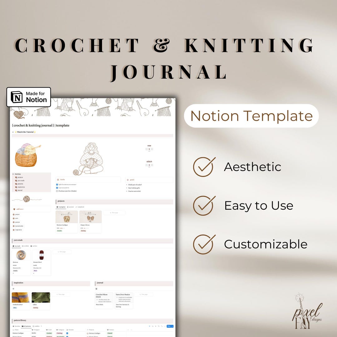 Crochet & Knitting Journal Notion Template: Project Planner (digital ...