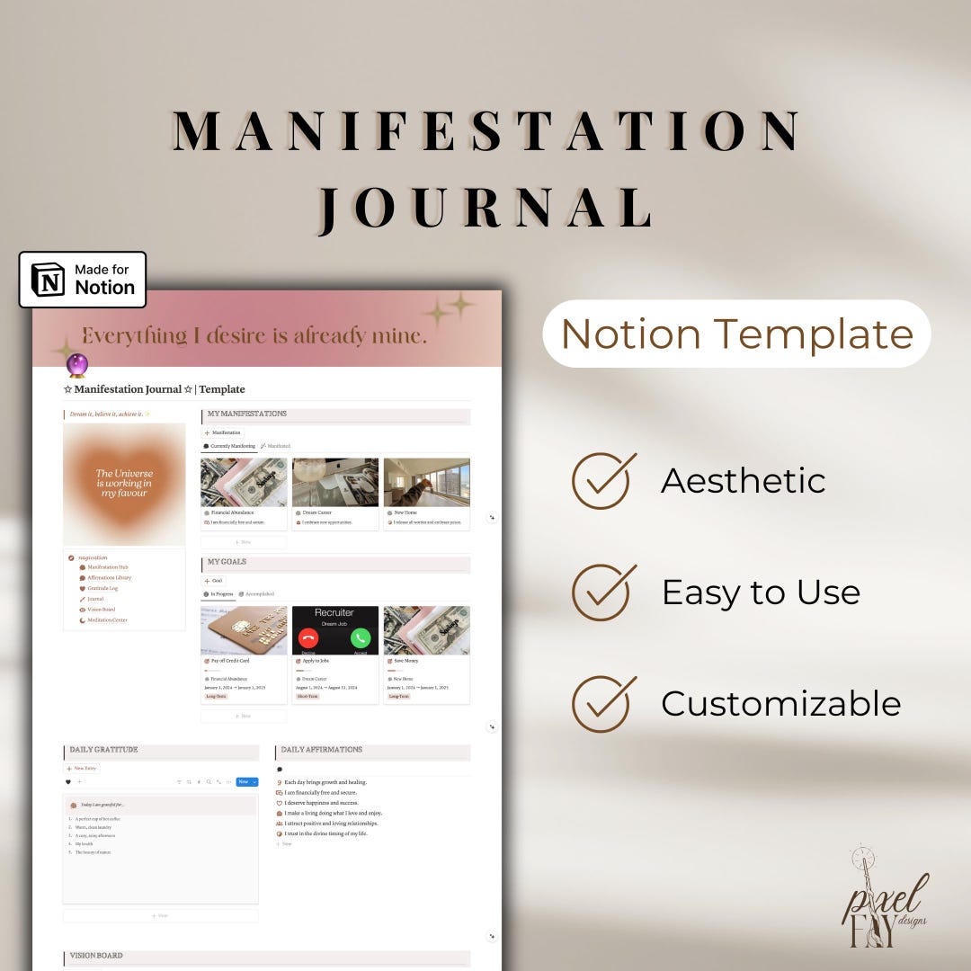 Manifestation Journal Notion Template | 2025 SMART Goals, Law of ...