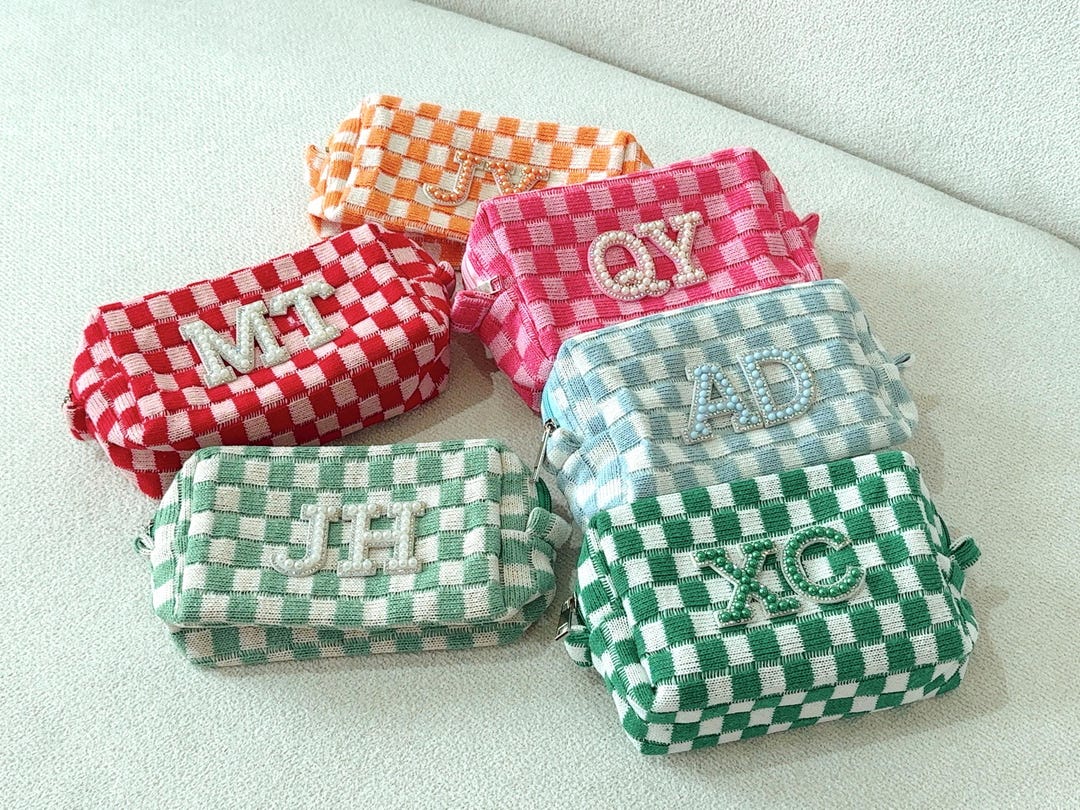 Personalized Checkered Makeup Bag, Checkered Pouch, Bridesmaid Gifts ...