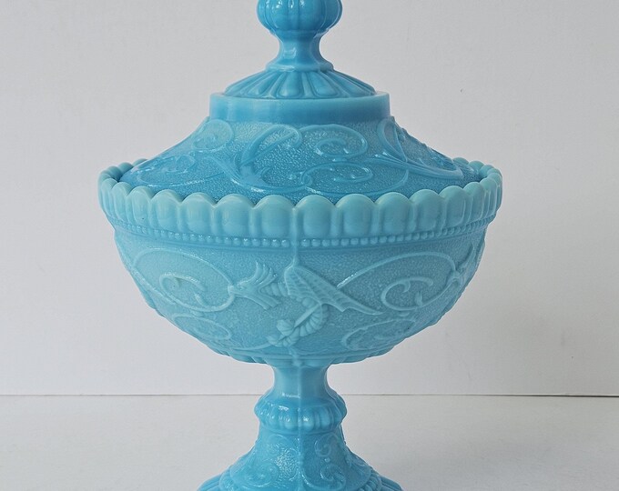Vintage Blue Opaline Milk Glass Pedestal Bowl in Portieux Vallerysthal Manner - Antique French ...