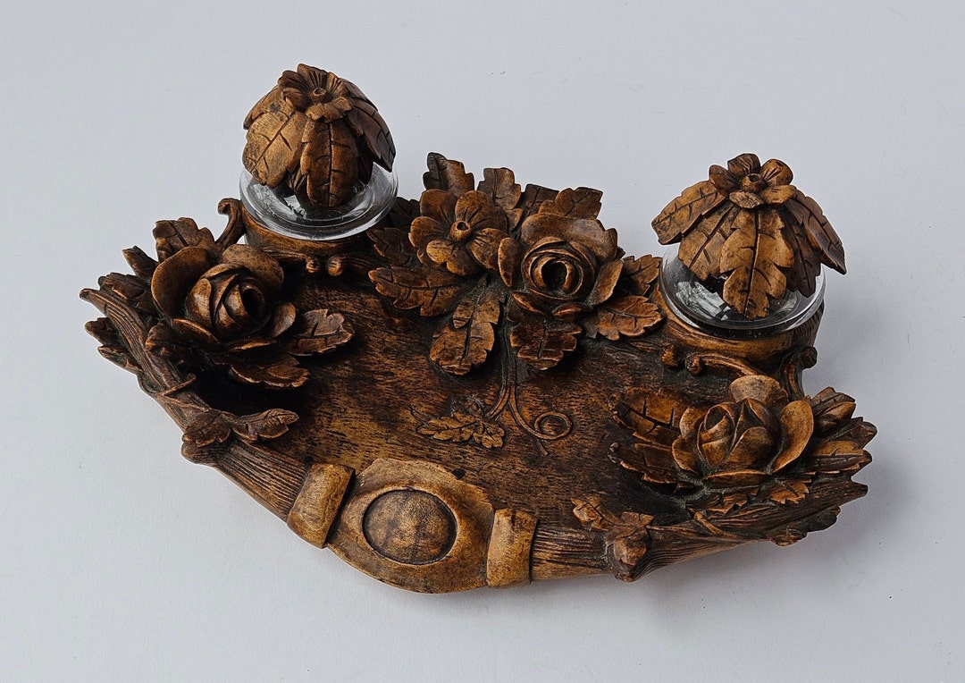 Antique Black Forest Carved Wood Inkwell Set: Floral Desktop Decor - Etsy