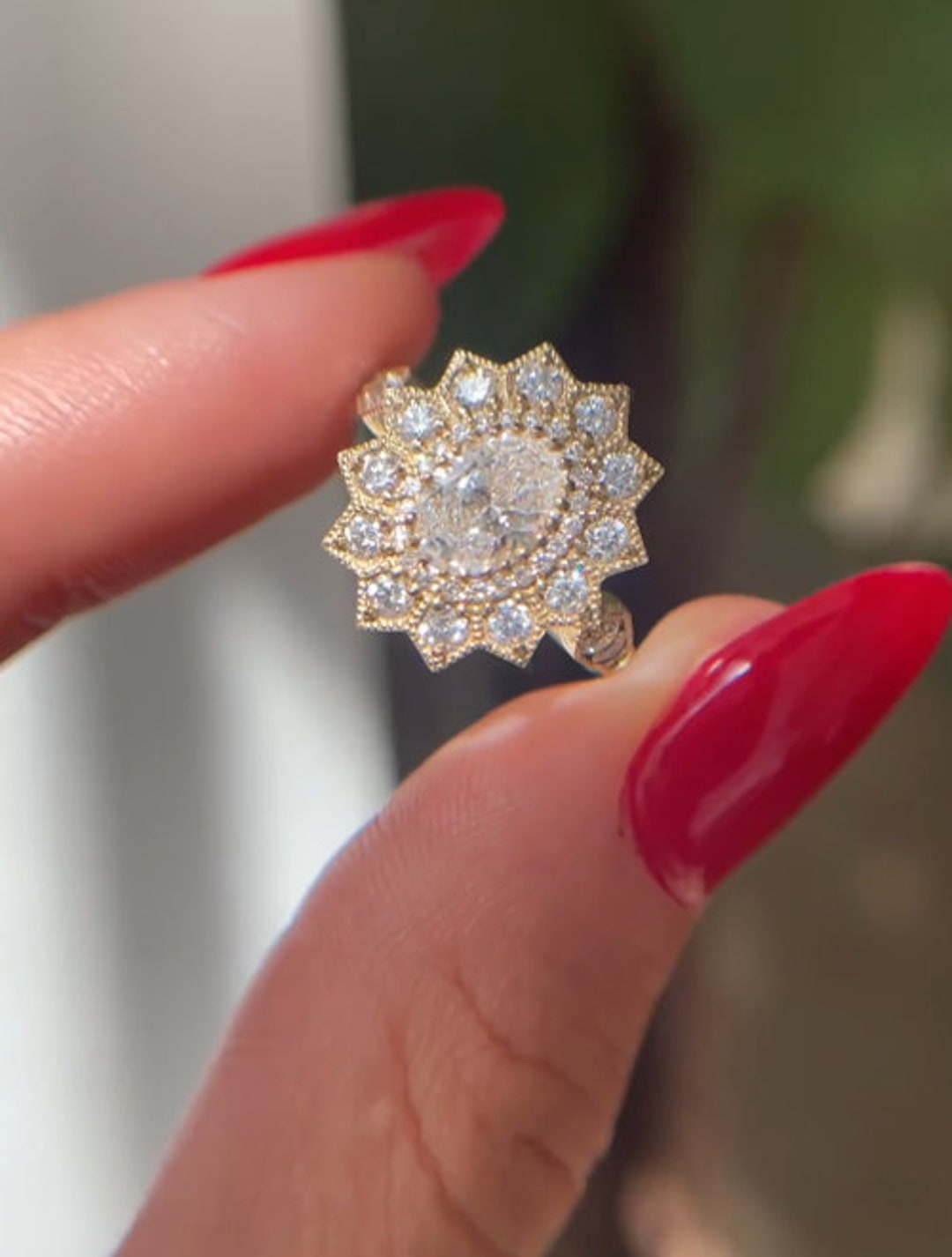 Sunburst Wedding Ring, Double Halo Diamond Ring, Oval & Round Cut Moissanite Engagement Ring ...