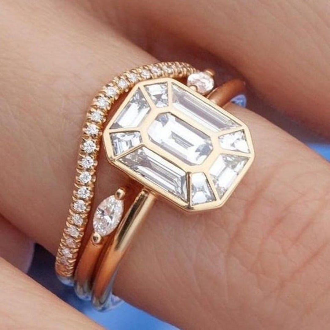 14k Gold Trio Ring Set: Emerald Cut CZ, Open Cuff, Half Eternity Band ...