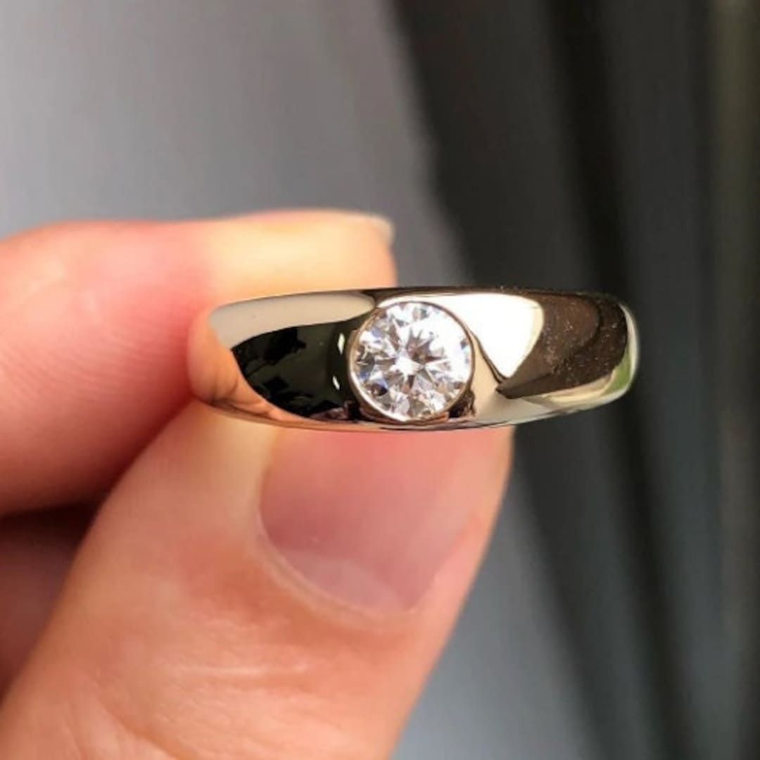 Solid Yellow Gold Ring, Round Diamond Engagement Ring, Flush Setting ...