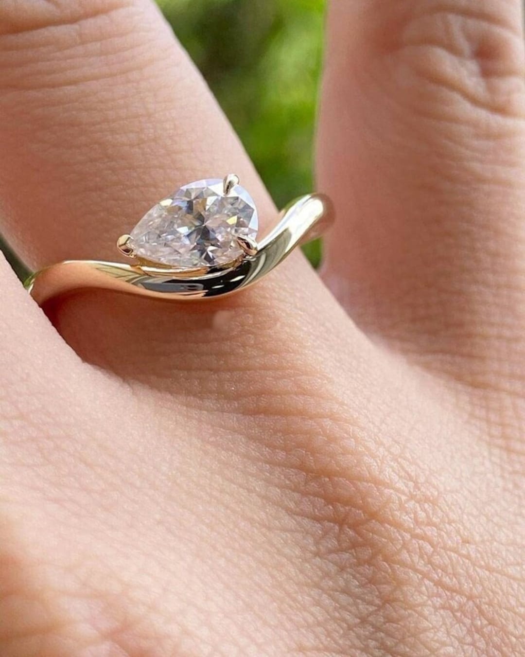 Pear Cut Engagement Ring, East West Pear Ring, Curved Ring, Solitaire ...
